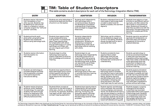 Table of Student Descriptors | TIM