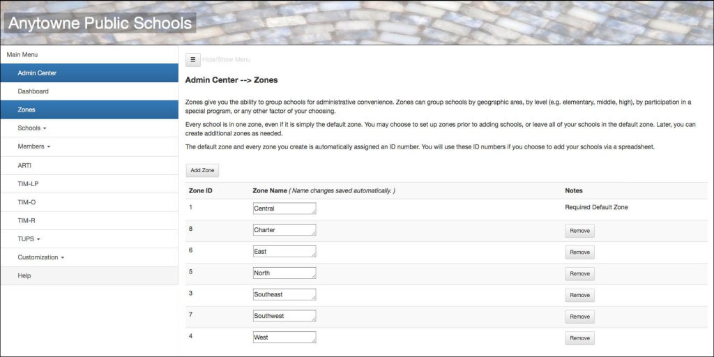 Managing Zones (for Districts) | TIM